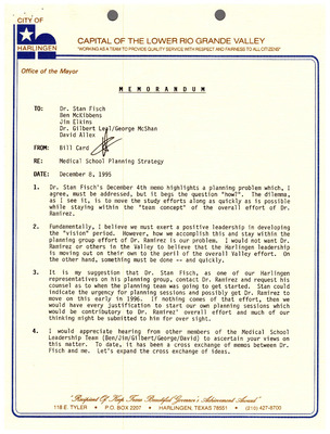 "Memo from Mayor William Card: 1995-12-08" by H. William Card Jr.