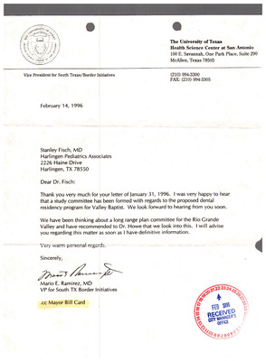 "Letter from Dr. Mario Ramirez to Dr. Stanley Fisch: 1996-02-14" by ...