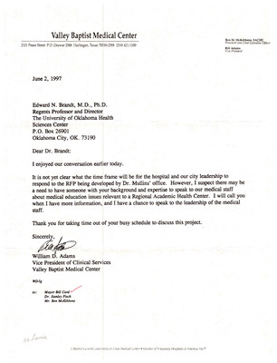 "Letter from William Adams to Dr. Edward Brandt: 1997-06-02" by William ...