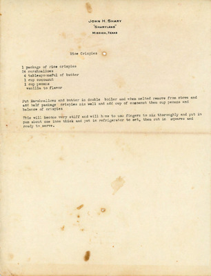 "Recipes – Desserts – Rice Crispies" by Mary O'Brien Shary